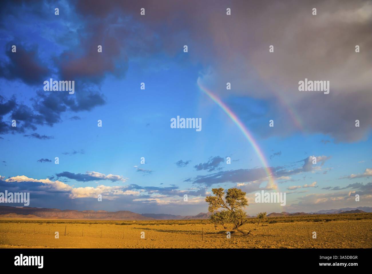 The concept of ecotourism. The magnificent rainbow crosses the sky over ...