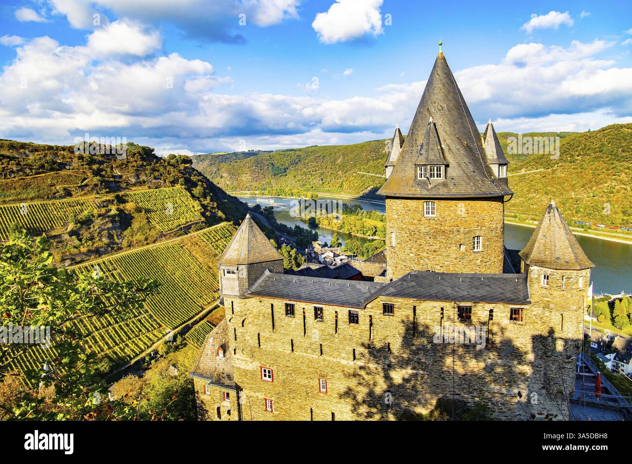 Round towers with conical peaked roofs. Sunset. Rhine Castles: Journey ...
