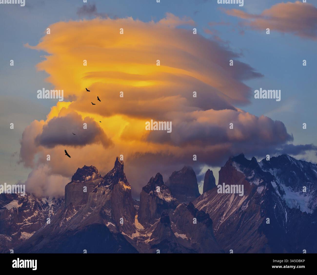 Sunset in the national park Torres del Paine, Chile. Sharp curved peaks ...