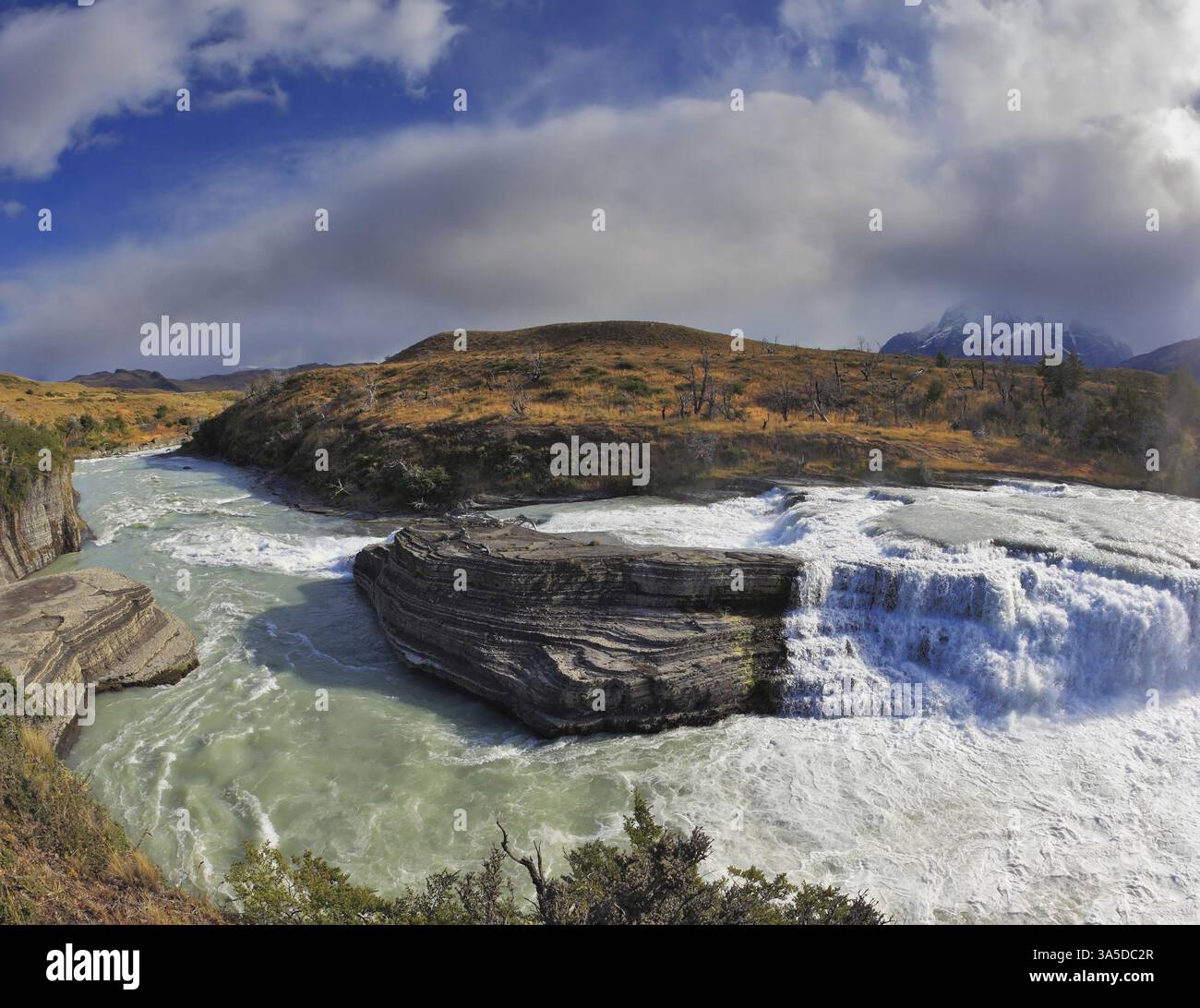 National Park Torres del Paine in Chile. Cascades Paine-rock in the ...