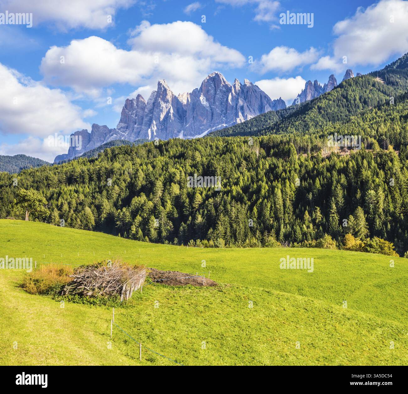 Warm autumn in the Dolomites, the Val de Funes. The valley is ...