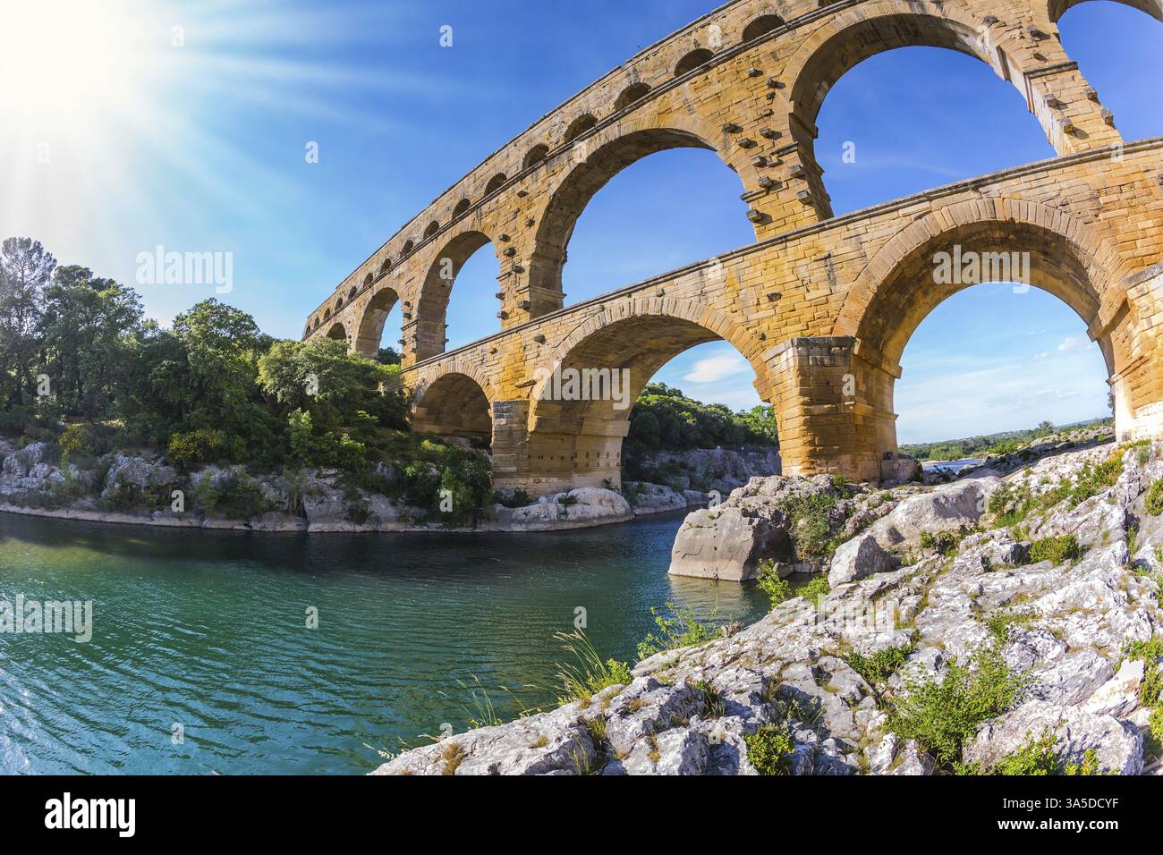 Three-tiered aqueduct bridge Pont du Gard was built in Roman times on ...