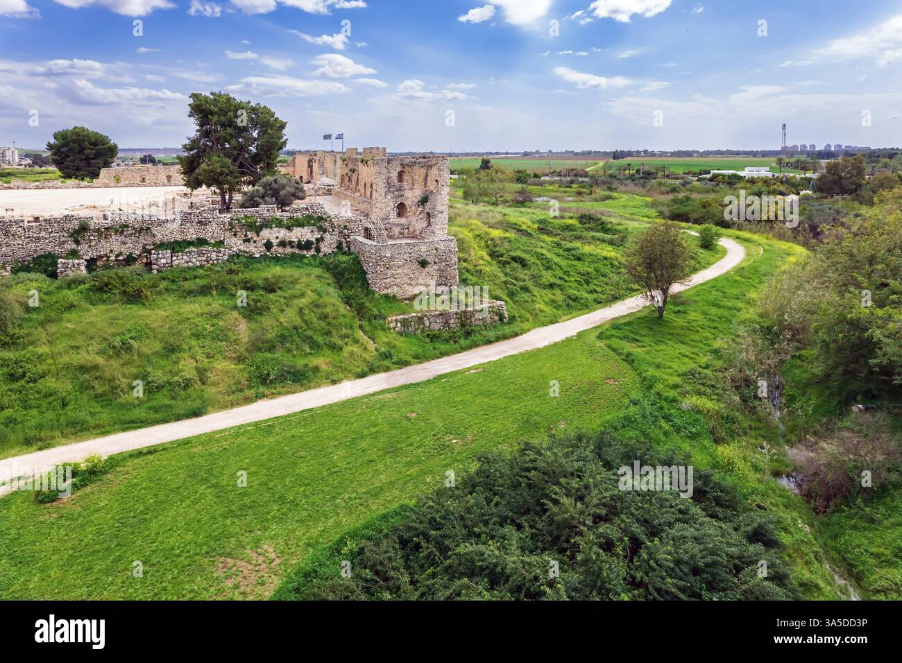 Ruins of the ancient city of Antipatris. Spring in Israel. Fresh green ...