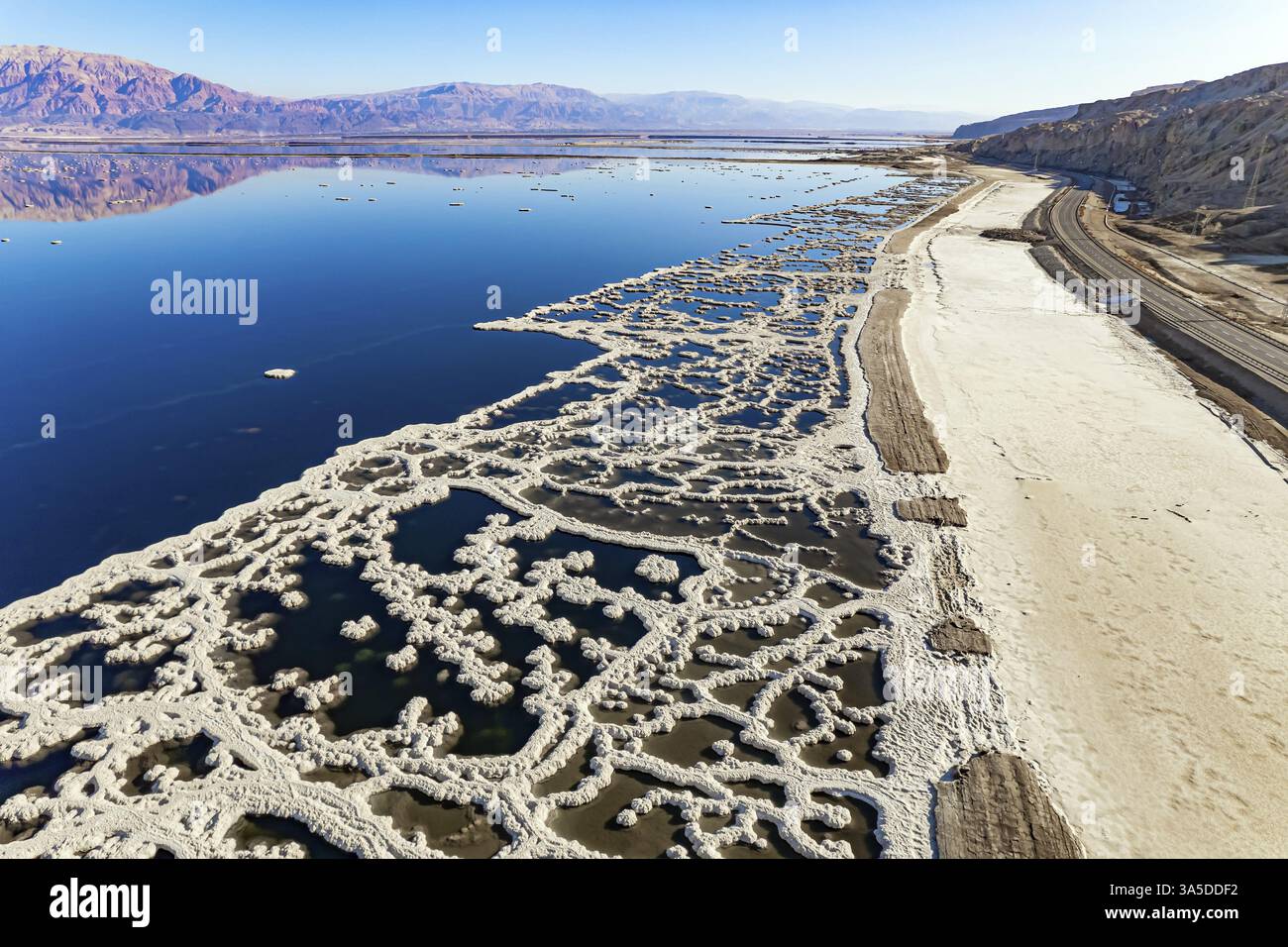 Dead Sea. Sunny winter day. The picture was taken by a drone from a ...
