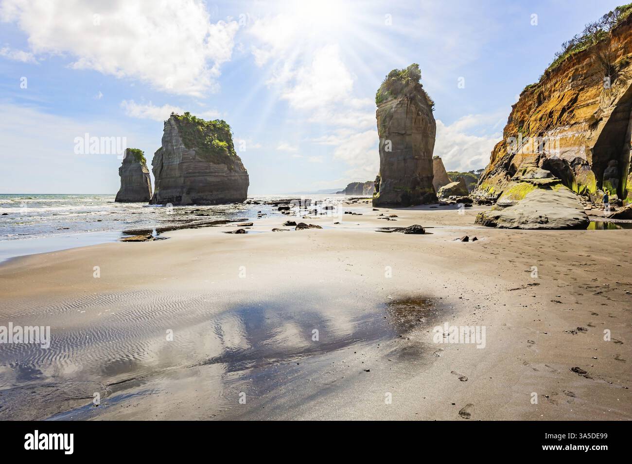 Low tide exposed the coastal strip of the ocean. Coastal cliffs. The ...