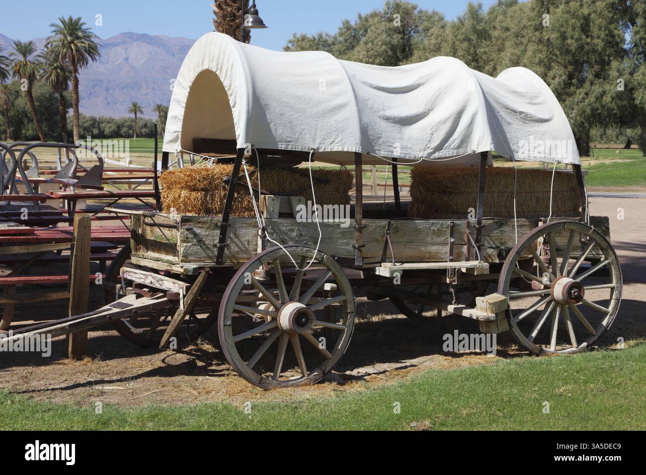 The open air museum. Restored antique wagon of the first settlers in ...