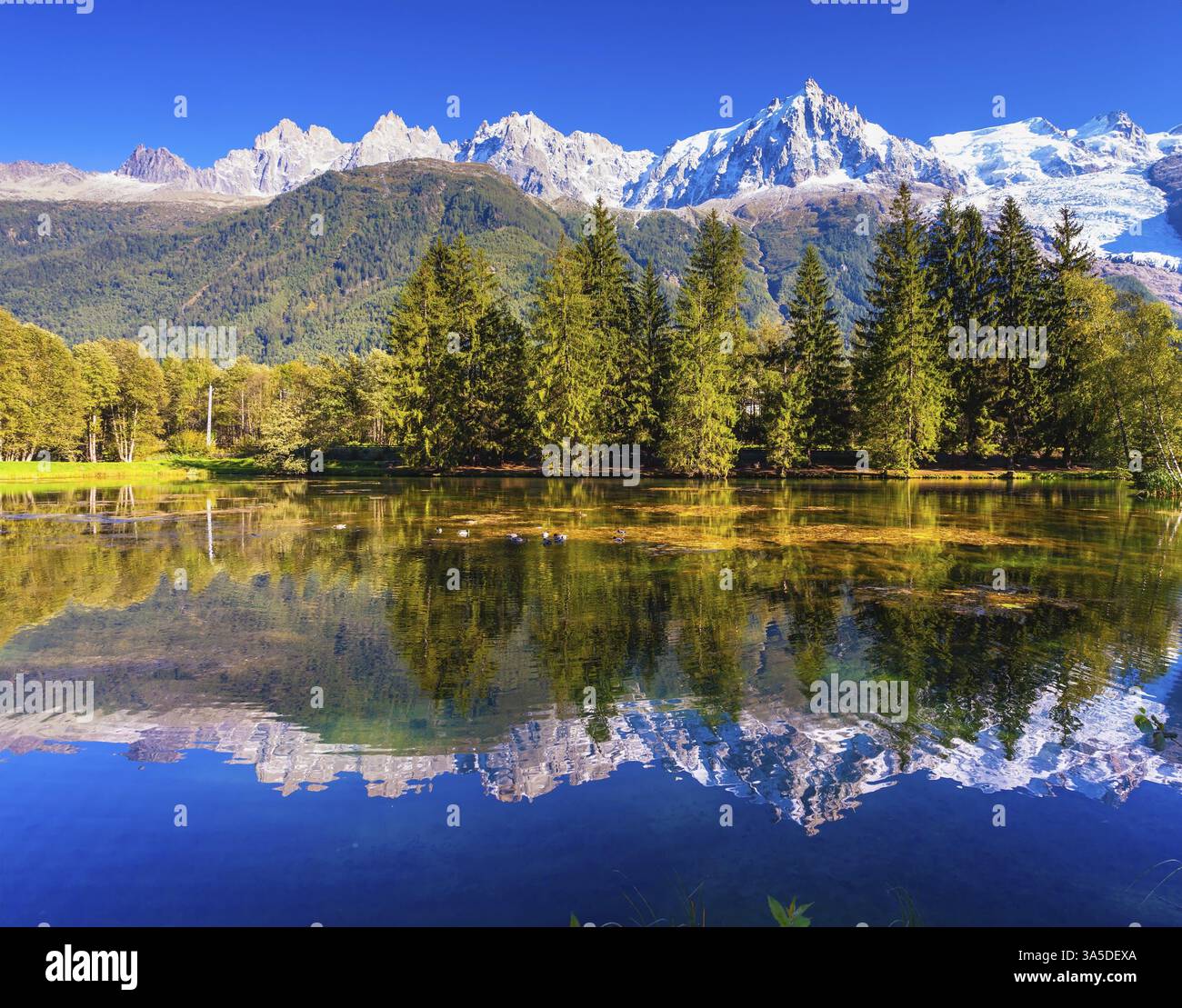 The mountain resort of Chamonix. City Park is illuminated by the ...