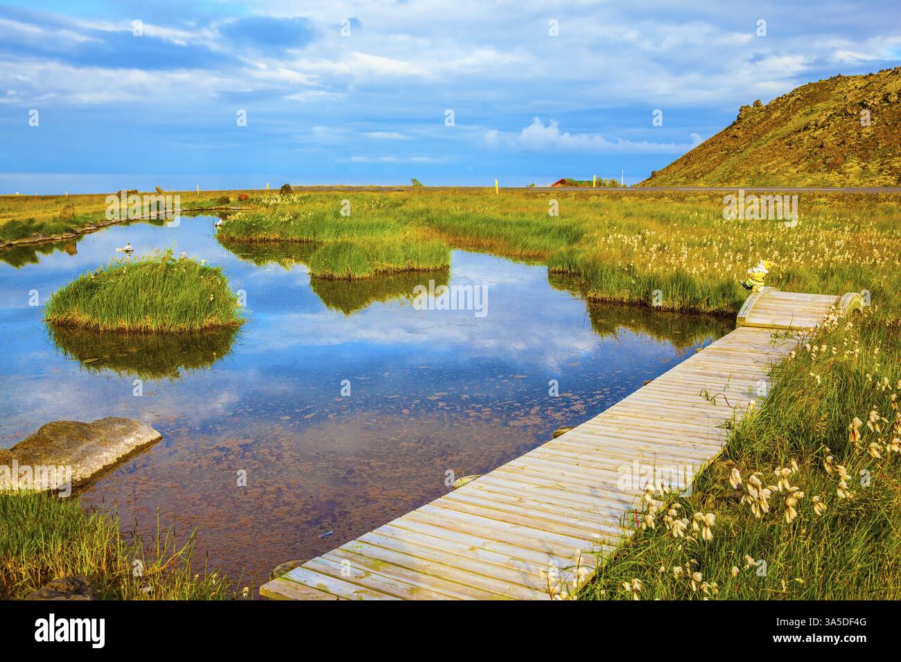 Lovely pond with thermal water. Across the pond crossed by wooden ...