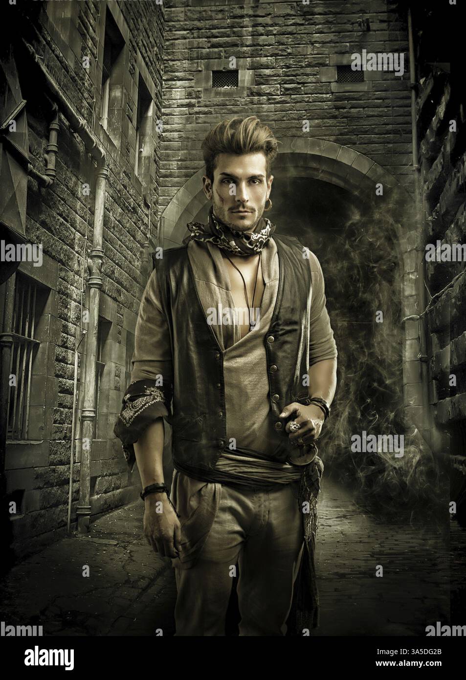 Good Looking Young Man in Pirate Fashion Outfit in Old Medieval Town ...