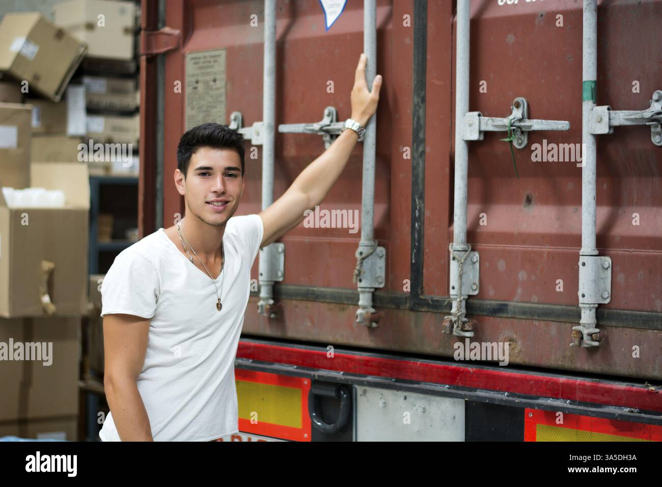 Waist Up Portrait of Young Smiling Man Next to Freight Truck ...