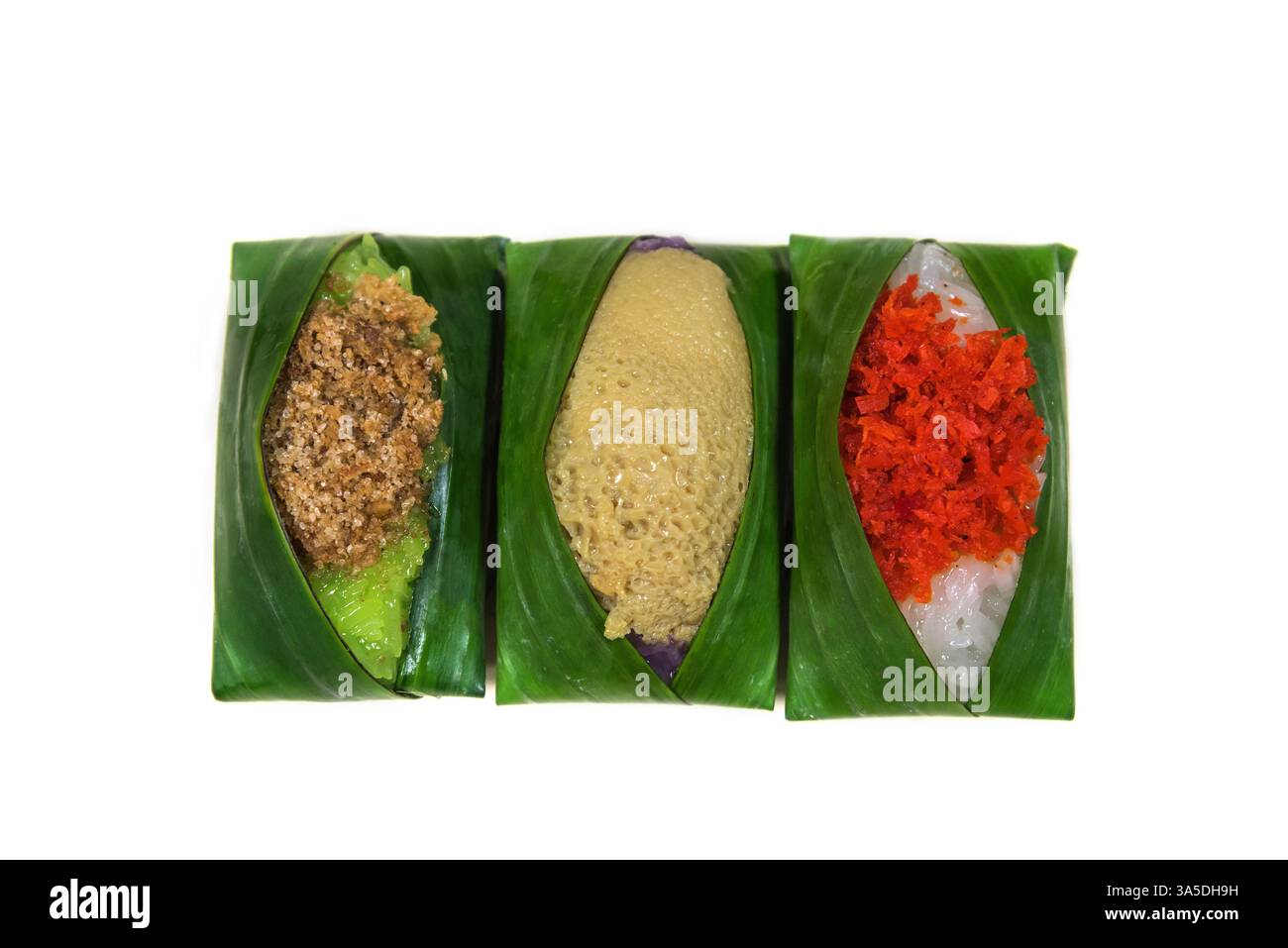 Sweet sticky rice (Thai traditional dessert food) three flavors ...