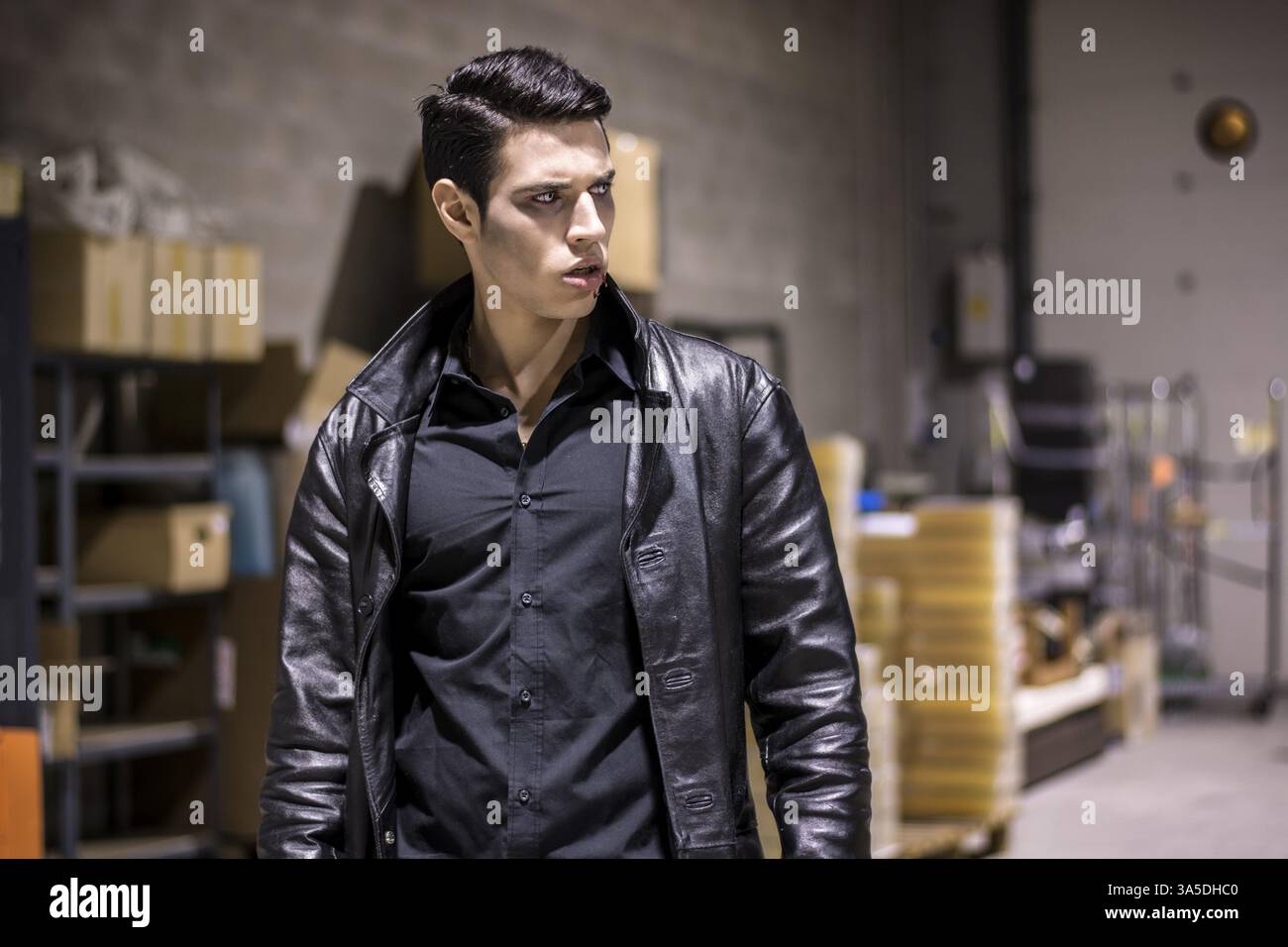Close up Face of a Handsome Vampire Man in Leather Clothing, with Blood ...