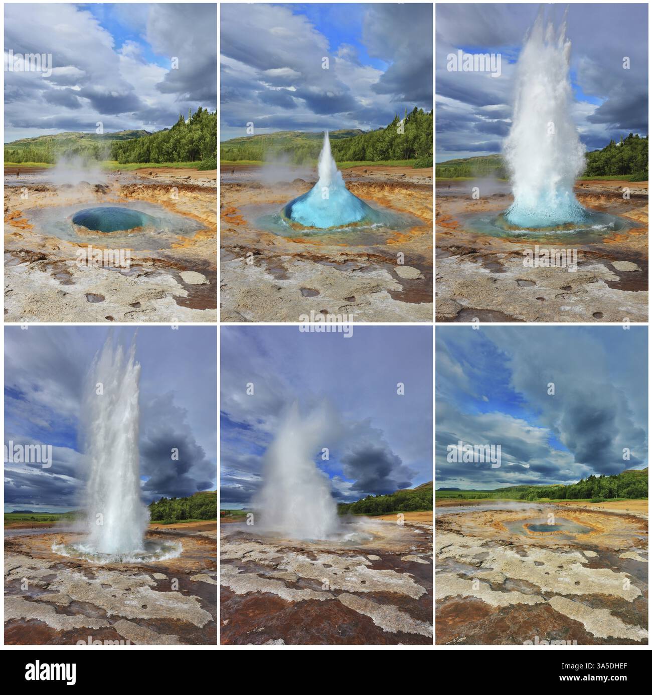 Card memory. Gushing geyser Strokkur. Collage showing different phases ...