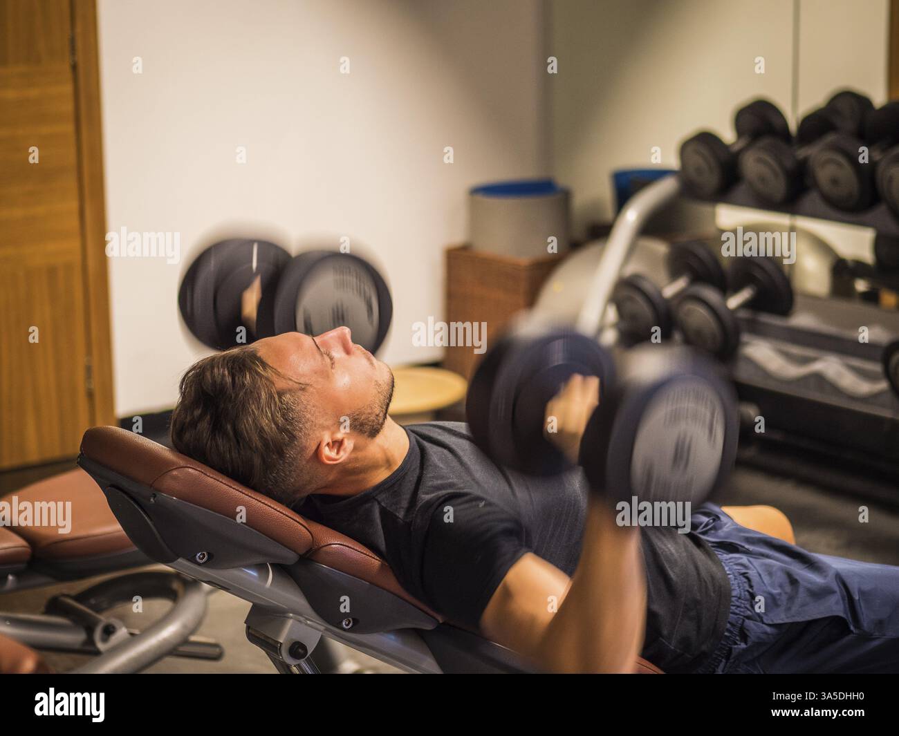 Muscular young man, lifting dumbbells training pecs on gym bench Stock ...