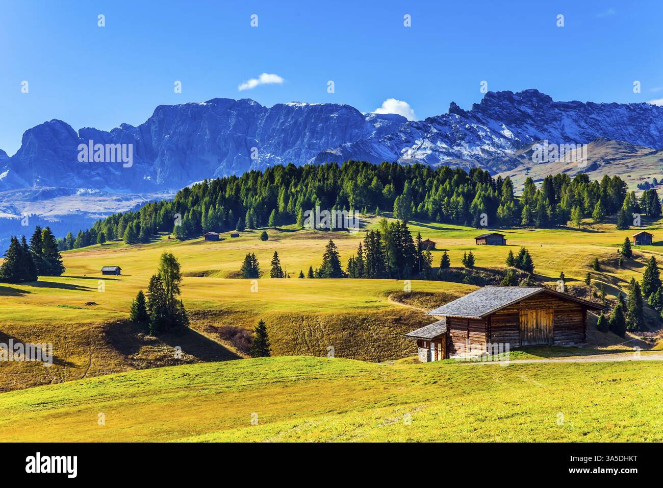 Beautiful sunny day for hiking and taking photos. Alpine shepherd's hut ...