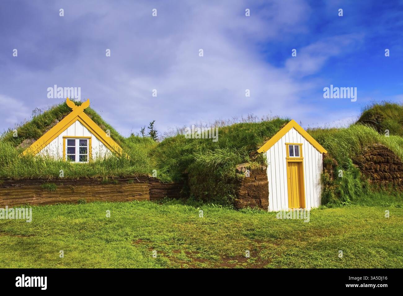 The reconstituted village - museum of the first settlers. Roofs of ...