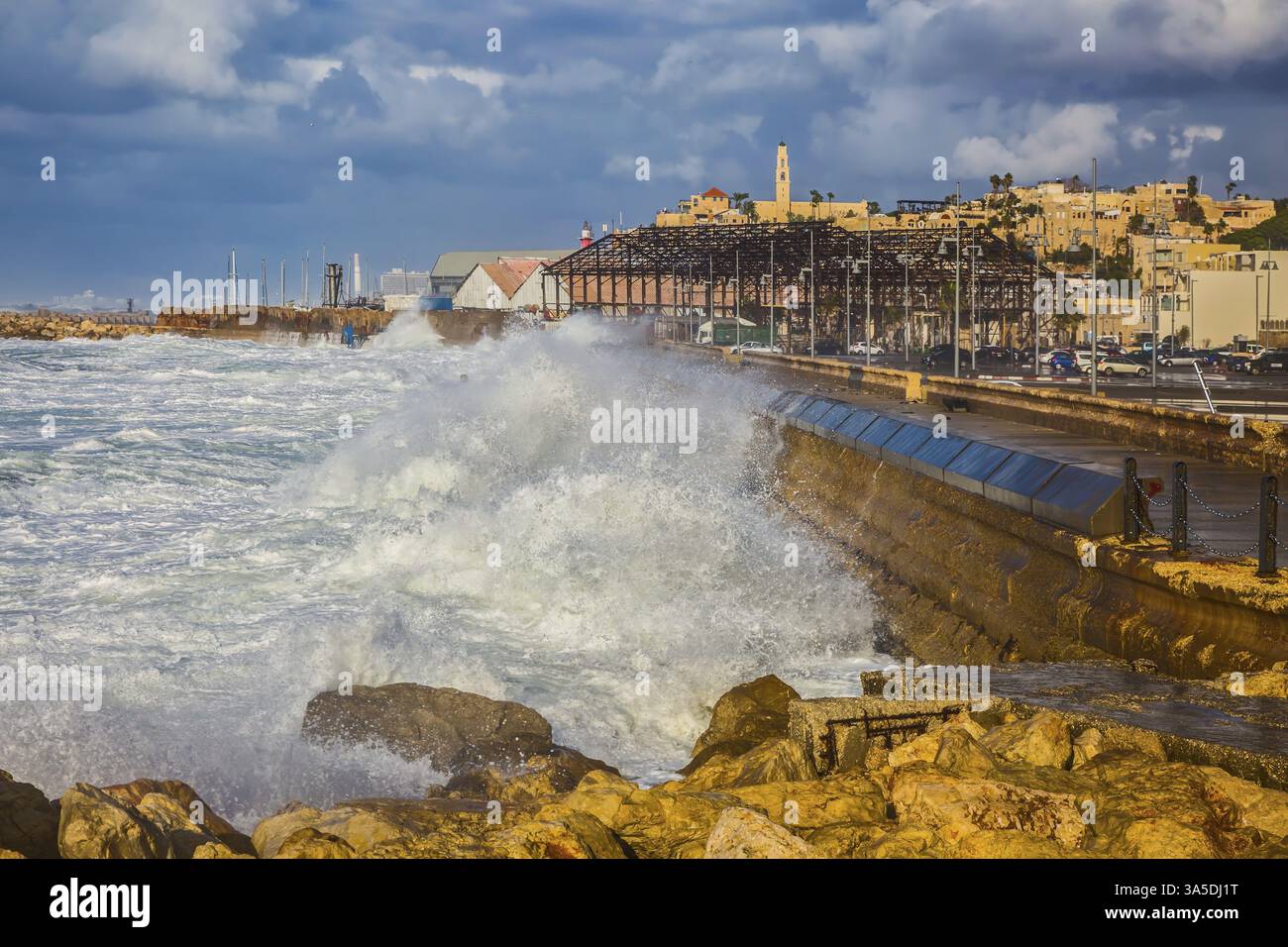 New Quay in the Old Jaffa, Israel. Whole gale in the Mediterranean Sea ...