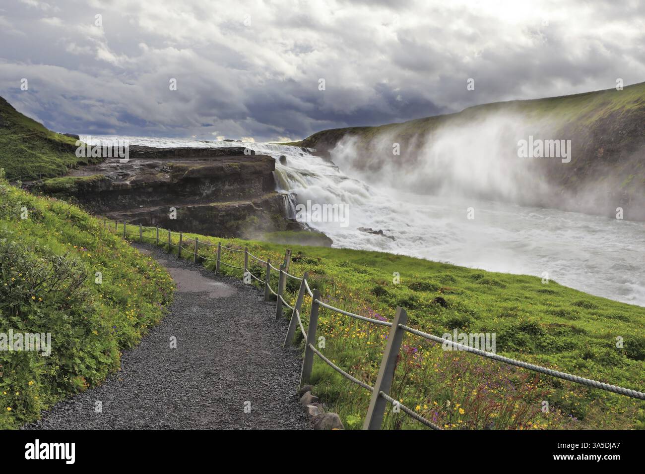 Fantastically spectacular cascading waterfall Gyullfoss. On the coastal ...