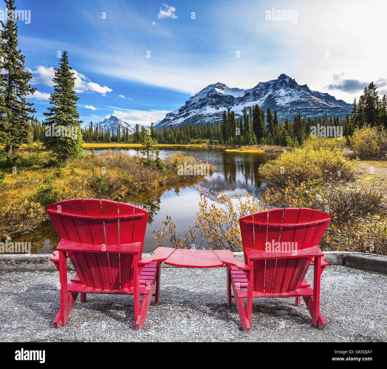 The beautiful nature in northern Rocky Mountains of Canada. Two red ...