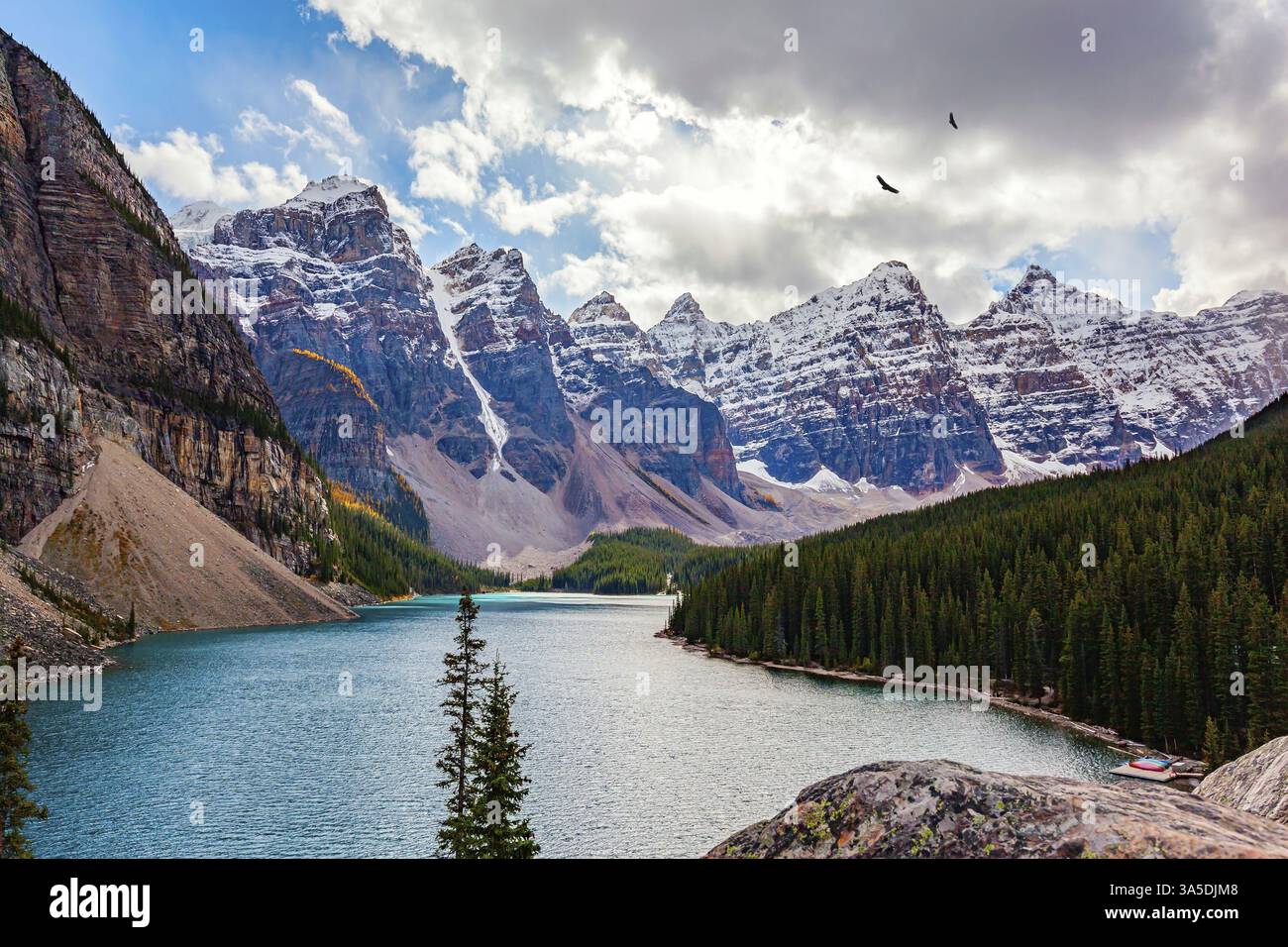 The most beautiful mountain lake Moraine. Canada. The lake water has a unique blue-azure color ...