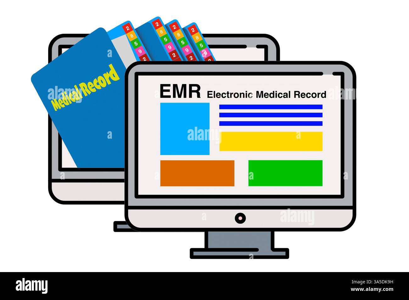 Graphic picture of two computer monitor one showing EMR or electronic ...