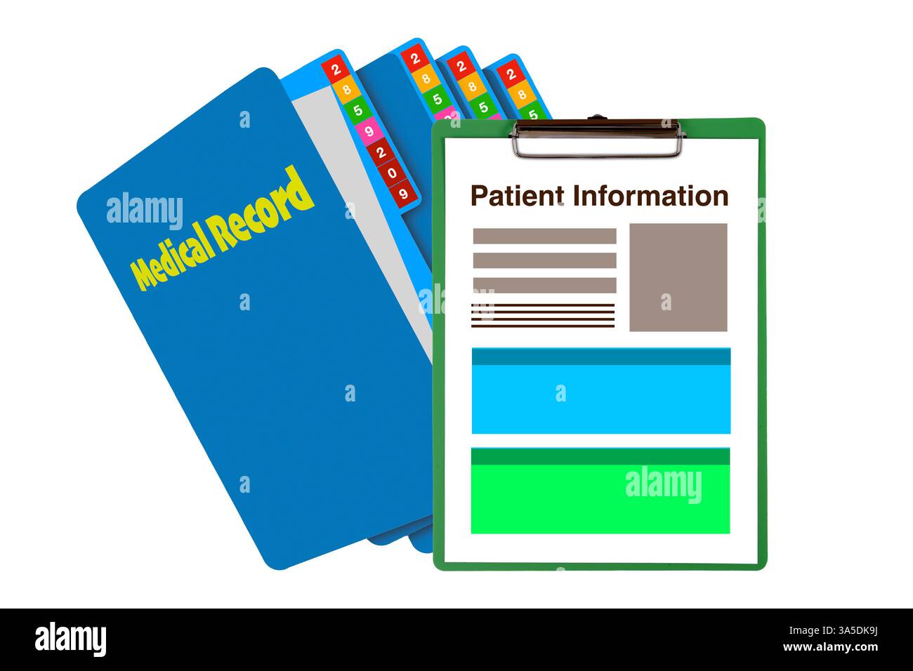Patient information on clipboard and medical records in folder on white ...