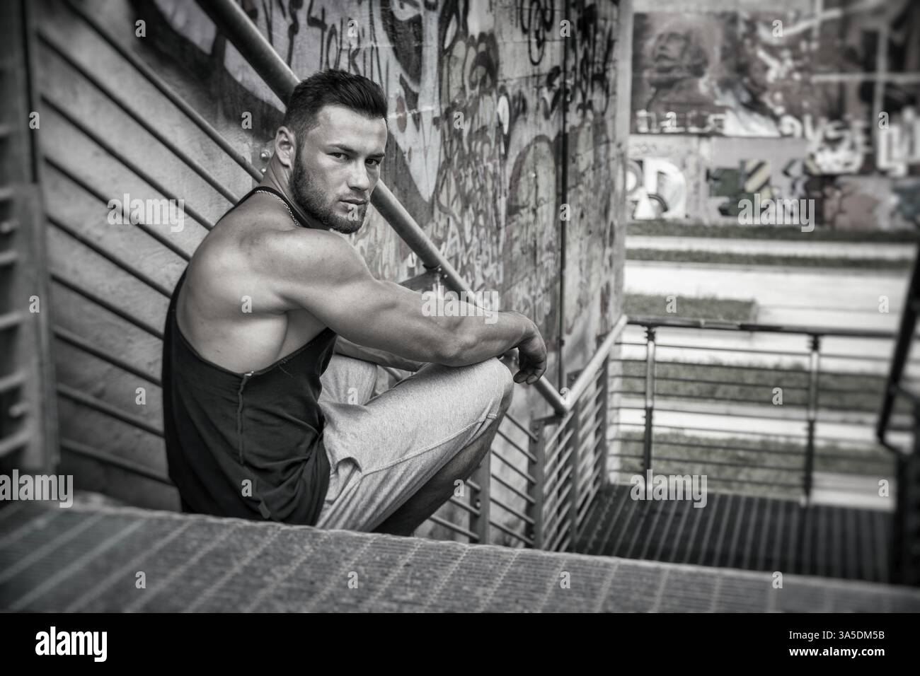 Handsome Muscular Hunk Man Outdoor in City Setting. Showing Healthy ...