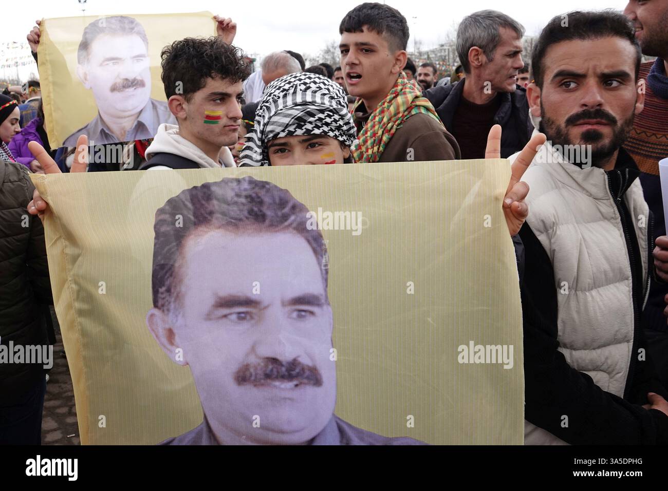 Posters of Abdullah Ocalan are seen carried by demonstrators at the ...