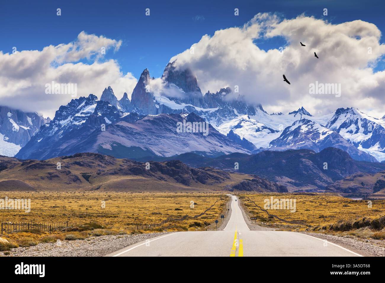 The highway crosses the Patagonia and leads to snow-capped peaks of ...