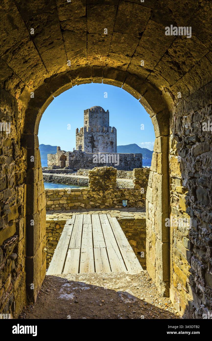 Venetian fort castle Methoni. The three-tiered watchtower is built on ...
