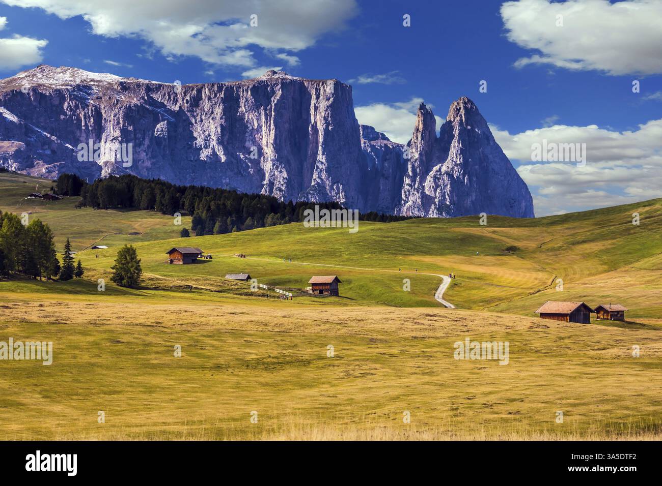 Jagged rocks around the Dolomites. The Alps di Siusi. Well-known ...