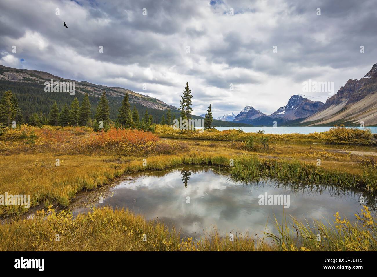 Canada, Rocky Mountains, Banff National Park. The smooth water reflects the cloudy sky. Snow ...
