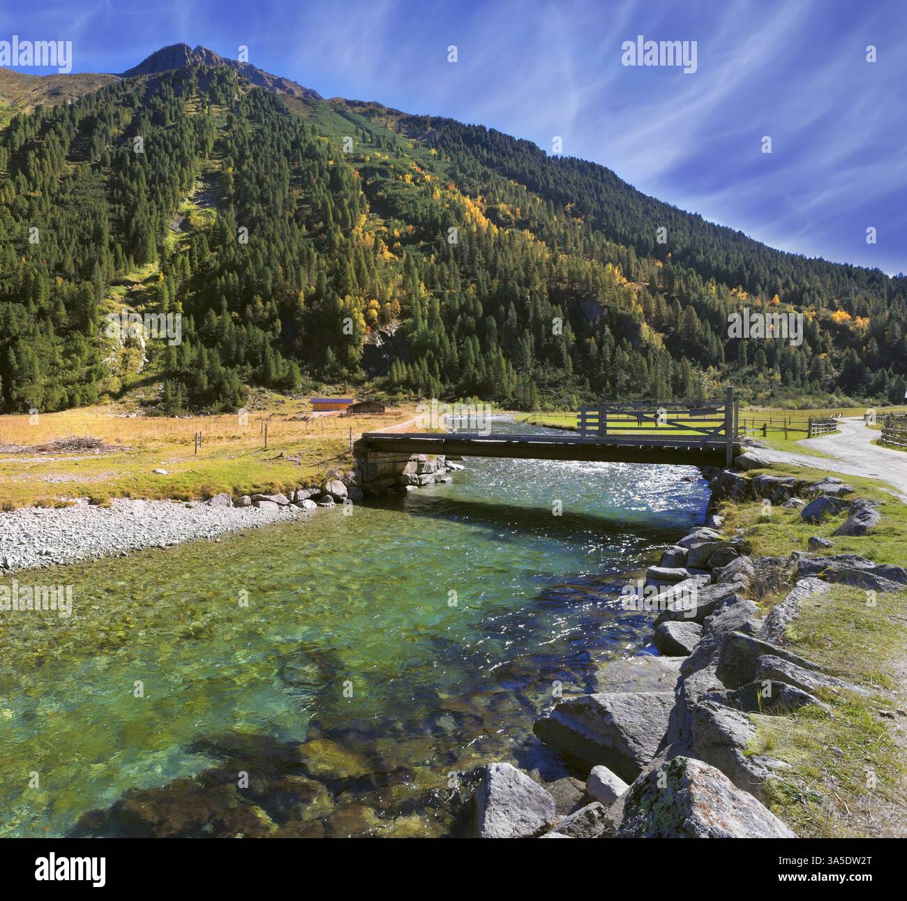Austrian Alps. Starting famous Krimml waterfalls. Crystal clear water ...