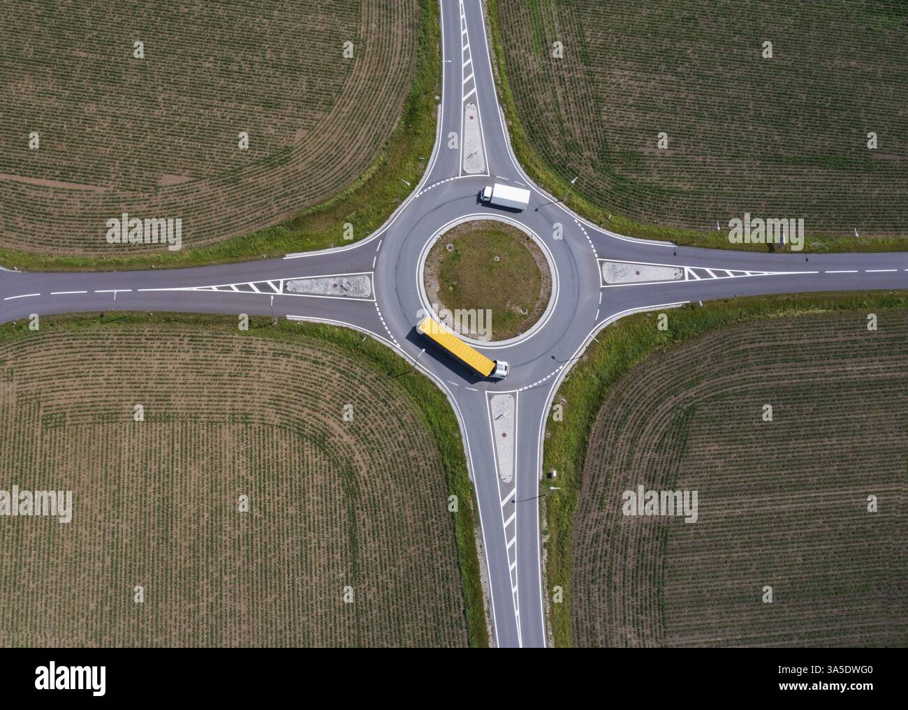Drone image, roundabout with lorries between harvested fields, Asten ...