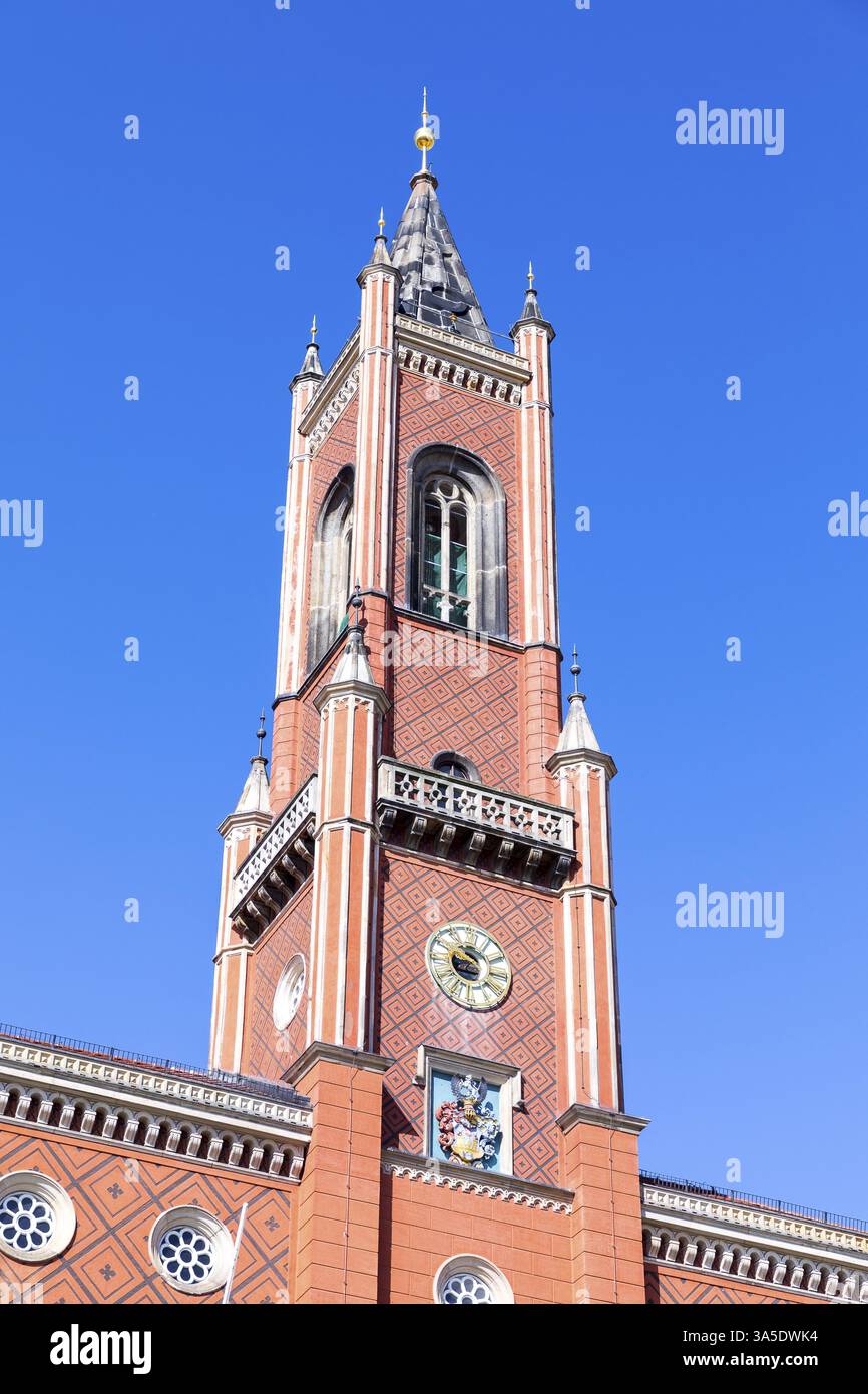 Tower of the town hall on the market square, Kamenz, Saxony, Germany ...