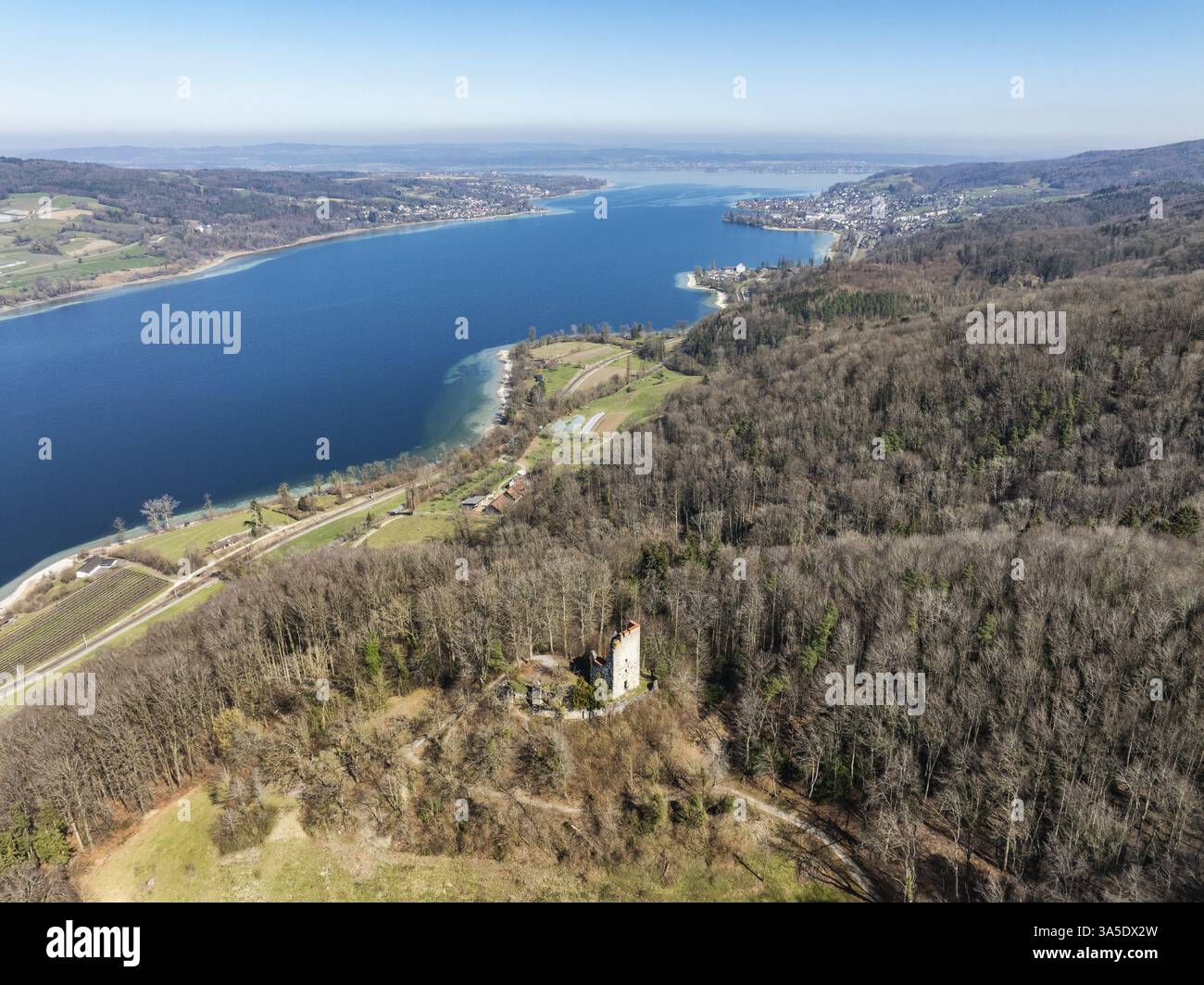 Aerial view of the Neuburg ruins, historical sight above Lake Constance ...