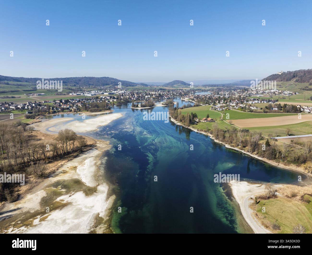 Aerial view of Lake Constance at low tide, Untersee, also known as Lake ...