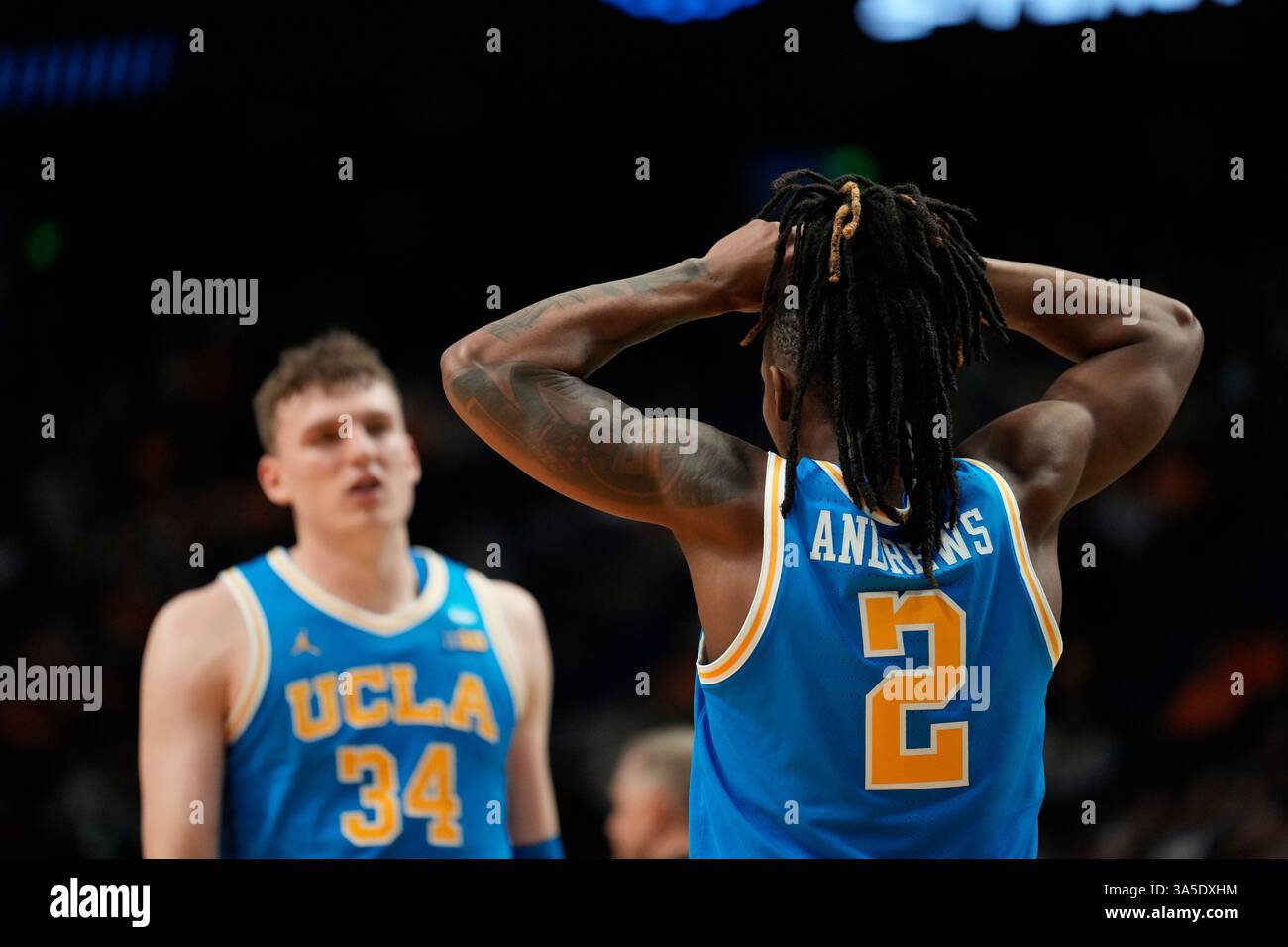 UCLA guard Dylan Andrews (2) reacts after getting a foul against ...