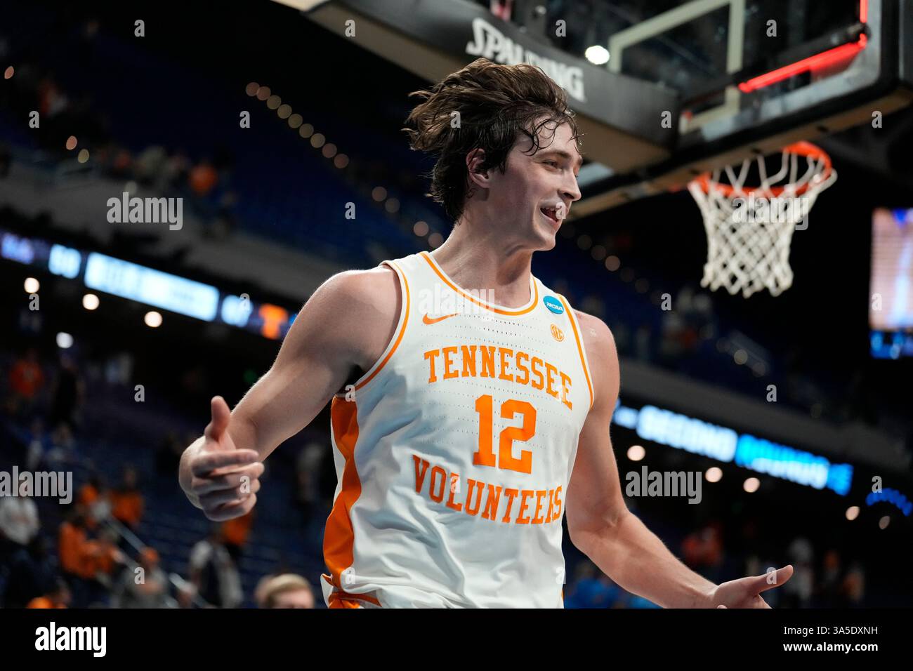 Tennessee forward Cade Phillips (12) celebrates a win against UCLA ...