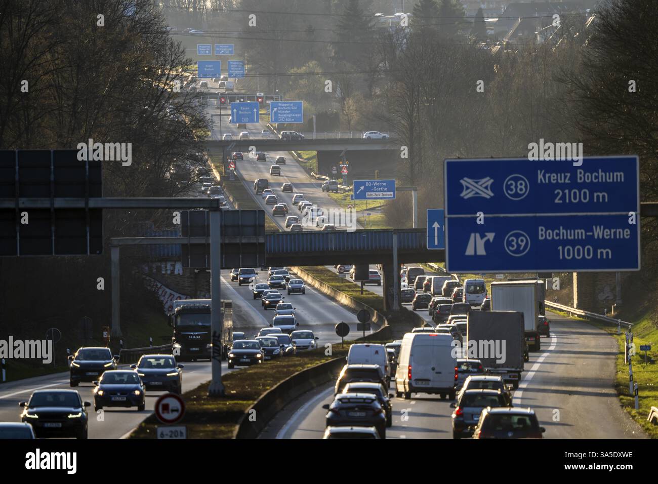 A40 motorway, dense, slow-moving traffic jam, evening traffic at the ...