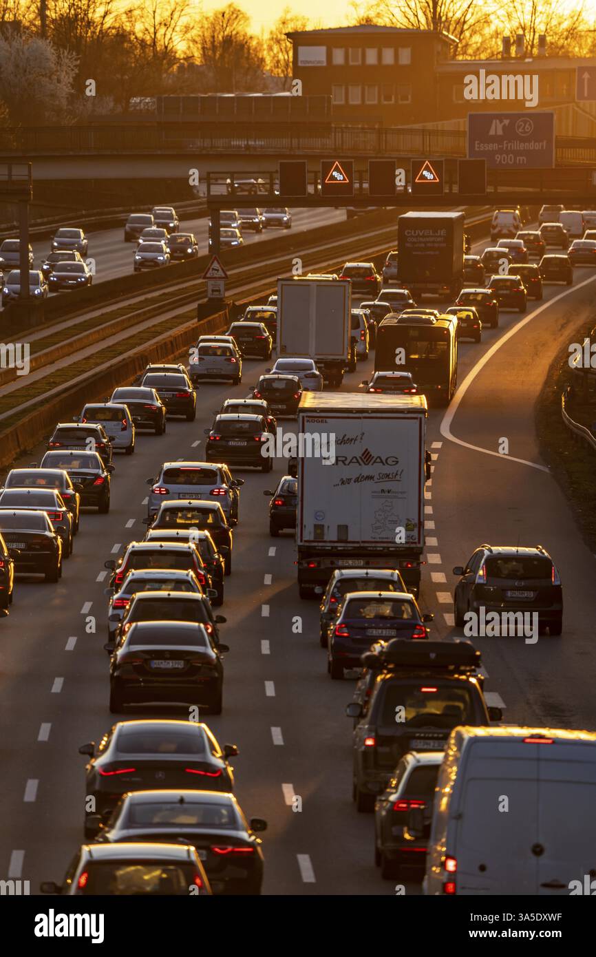 Motorway A40, dense, slow-moving traffic jam, evening traffic at the ...