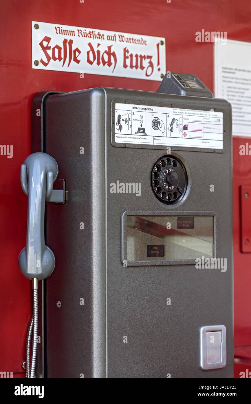 Old payphone, 1960s, sign, be brief, telephone box, public telephone ...