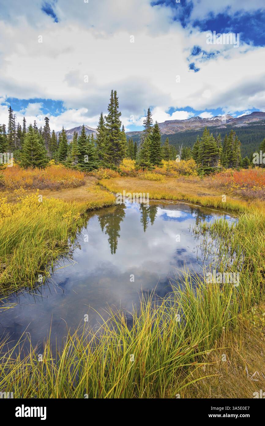 Canada, Banff National Park. The smooth water reflects the cloudy sky ...