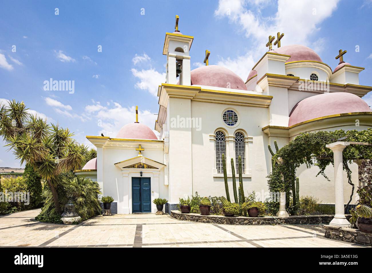 Israel. Pink domes and snow-white walls of the monastery on the shores ...