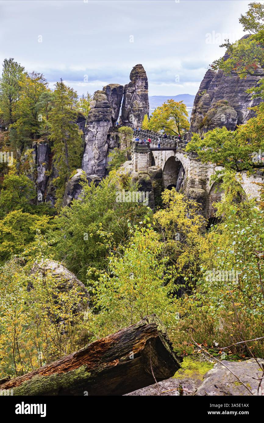 Saxon Switzerland. Germany. The old bridge Bastei is architectural ...