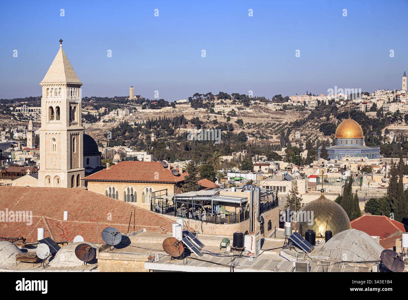 Al Aqsa mosque with gilded dome. Rooftops of ancient Jerusalem ...