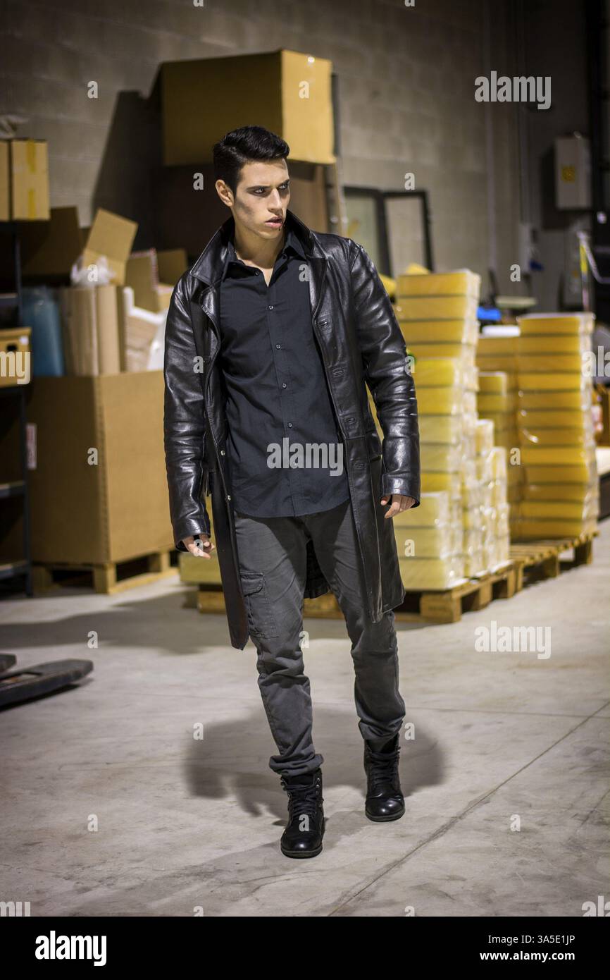 Close up Face of a Handsome Vampire Man in Leather Clothing, with Blood ...