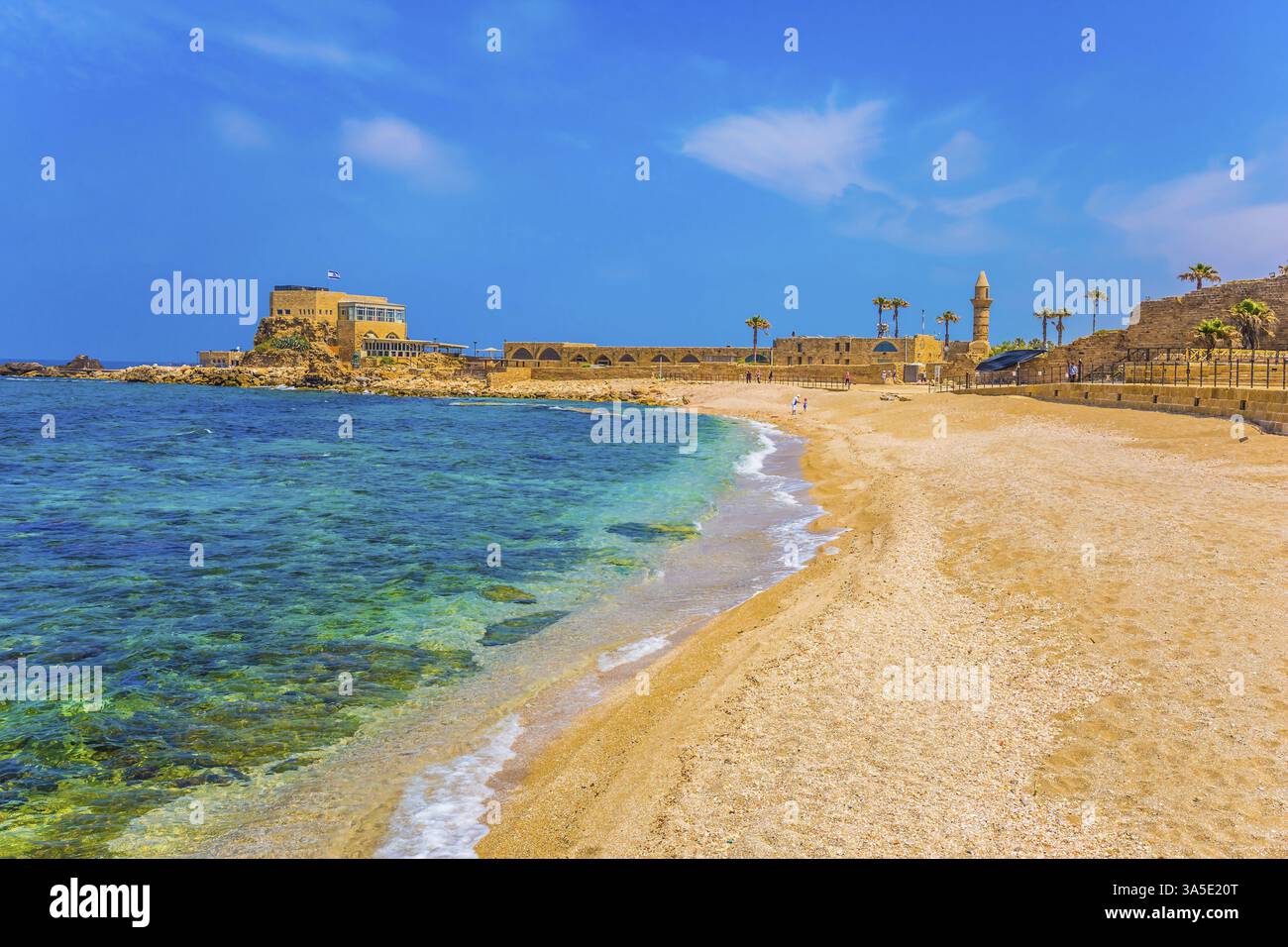 The port of King Herod in ancient Caesarea and the restored embankment ...