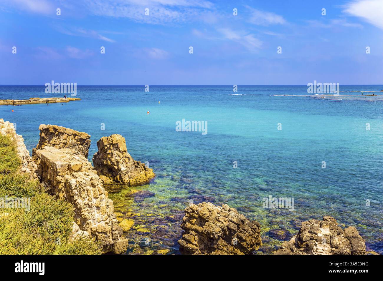 Ruins of ancient Caesarea. Flooded in the Mediterranean Sea remains of ...