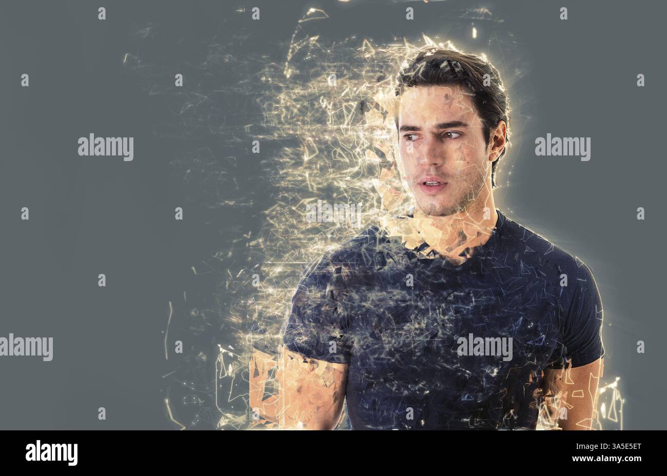 Side view of handsome serious man in effect of diffusion with fragments ...